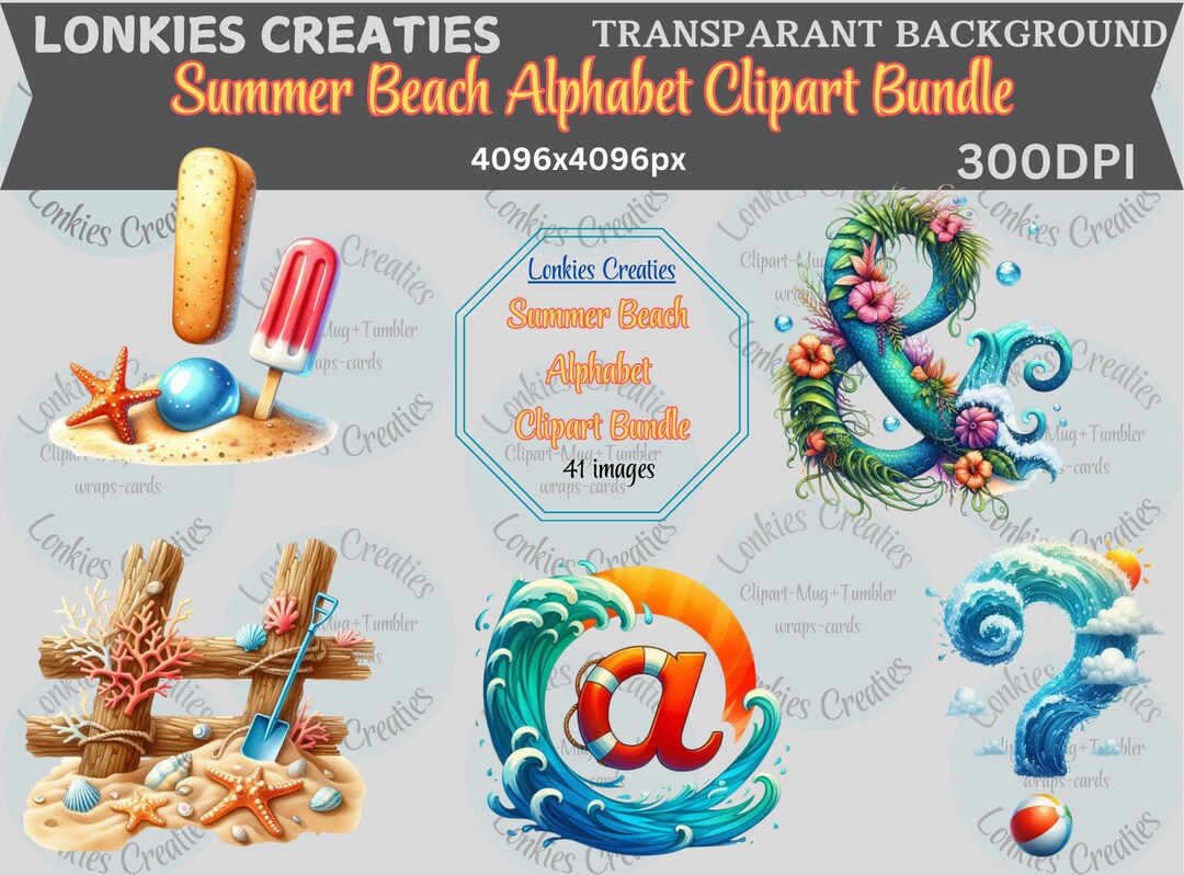 Summer Beach Alphabet Clipart Bundle, Watercolor PNG (digital Download ...