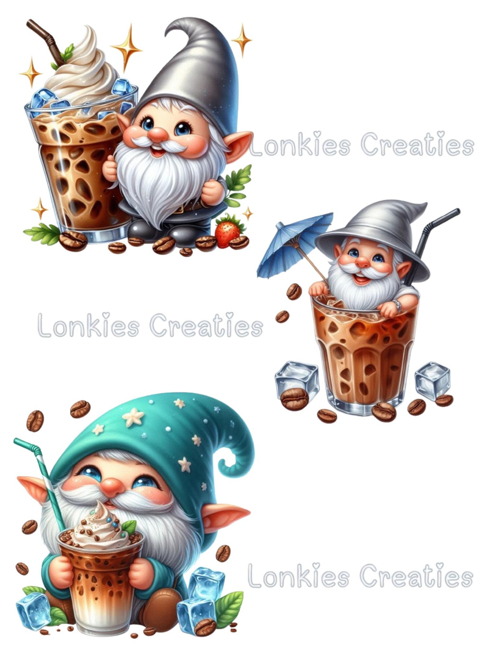 Iced Coffee Gnome Clipart Bundle-24png 300dpi,cute Gnome Watercolor ...