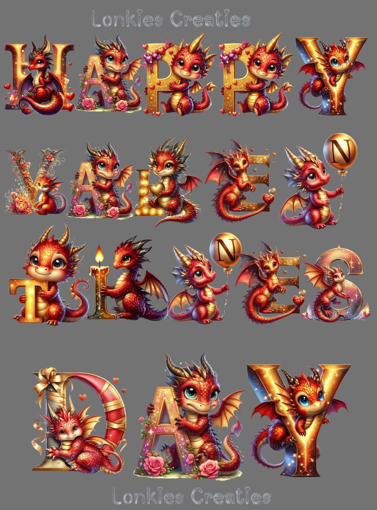Valentine Dragon Alphabet Clipart, Red & Gold, Watercolor (digital ...