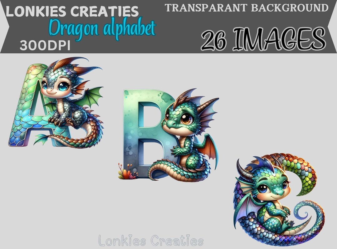 Dragon Alphabet Watercolor Clipart Bundle-26 Sublimation Pngs,300 DPI ...