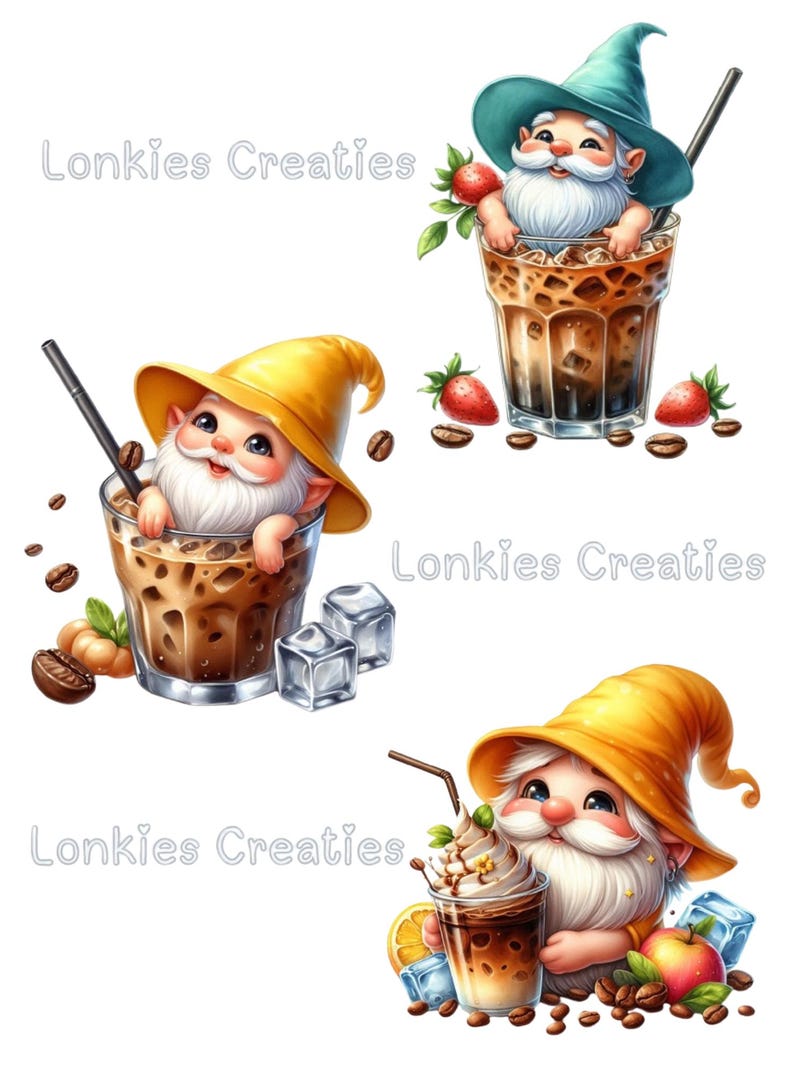 Iced Coffee Gnome Clipart Bundle-24png 300dpi,cute Gnome Watercolor ...