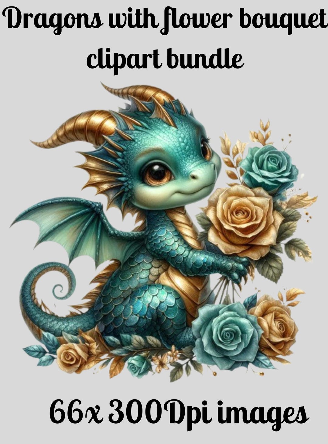 Dragon Flower Clipart Bundle -66 Cute Watercolor Dragons With Floral ...