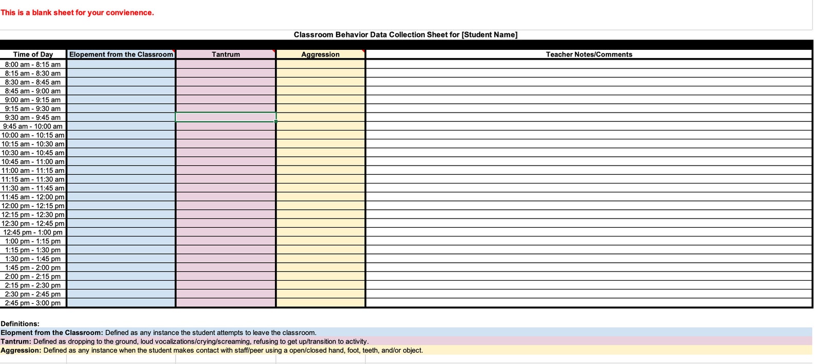 Daily Data Collection Sheet: School Behavior - Etsy
