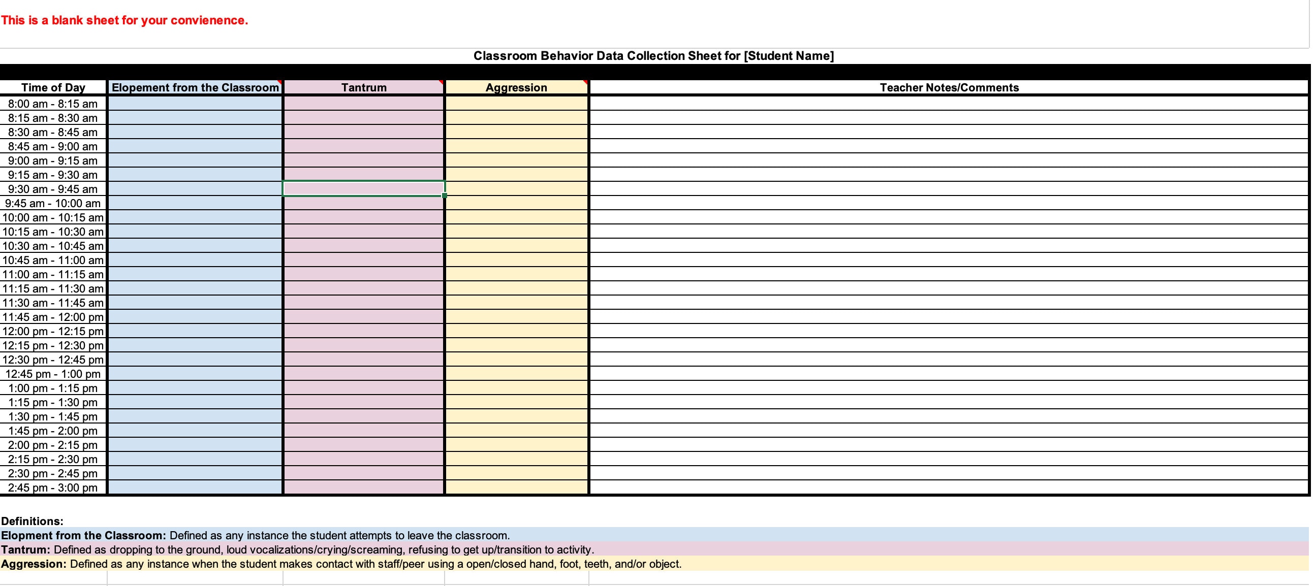 Daily Data Collection Sheet: School Behavior - Etsy