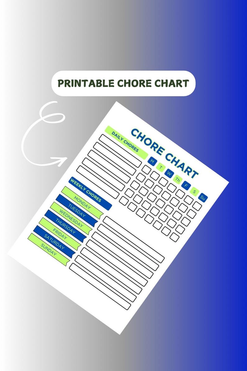 Printable Chore Chart, Chore Chart Boy, Blue and Green Chore Chart ...
