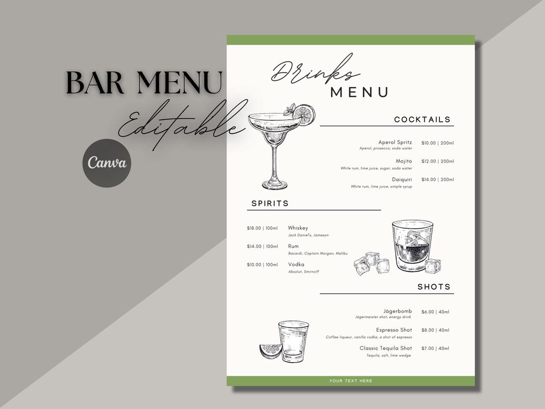 Bar Menu Template Drink Menu Printable Bar Menu Template Custom ...