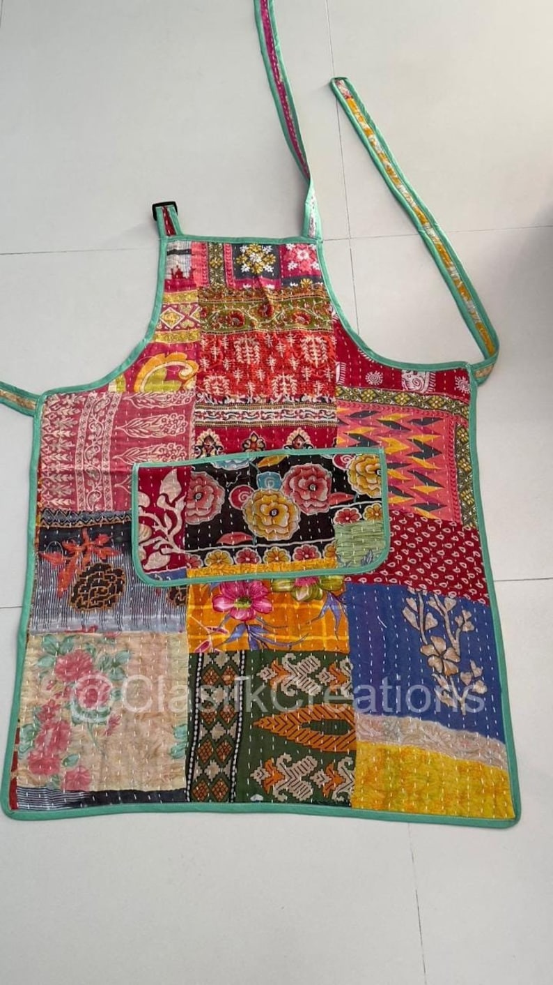 Handmade Kantha Vintage Quilt Apron Reversible Cotton Kitchen Patchwork ...