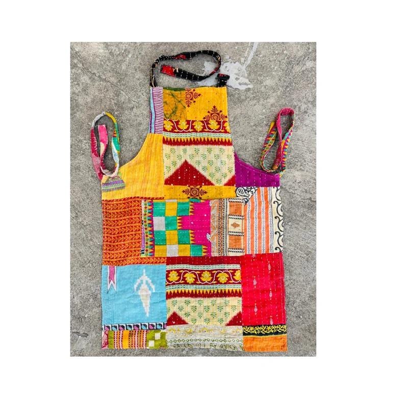 Handmade Kantha Vintage Quilt Apron Reversible Cotton Kitchen Patchwork ...