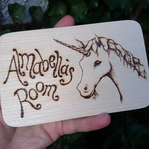 Unicorn Name Plaque - Personalised Pyrography Door Sign for Childrens ...