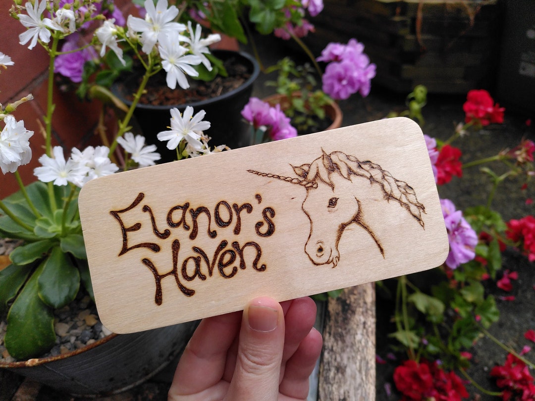 Unicorn Name Plaque - Personalised Pyrography Door Sign for Childrens ...