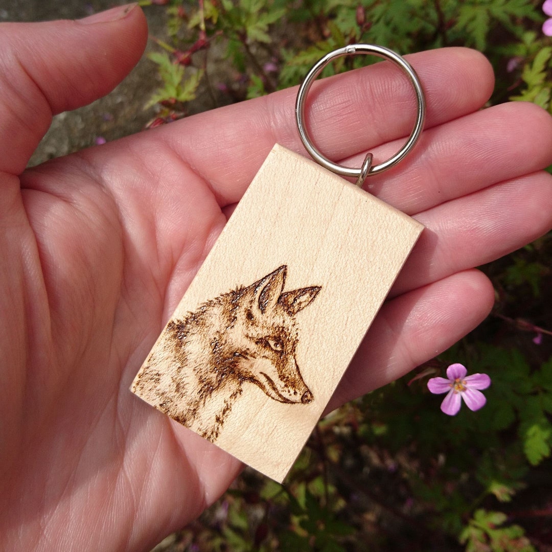 Pyrography Fox Keychain - Wooden Keyring, Key Fob Can Be Personalised ...