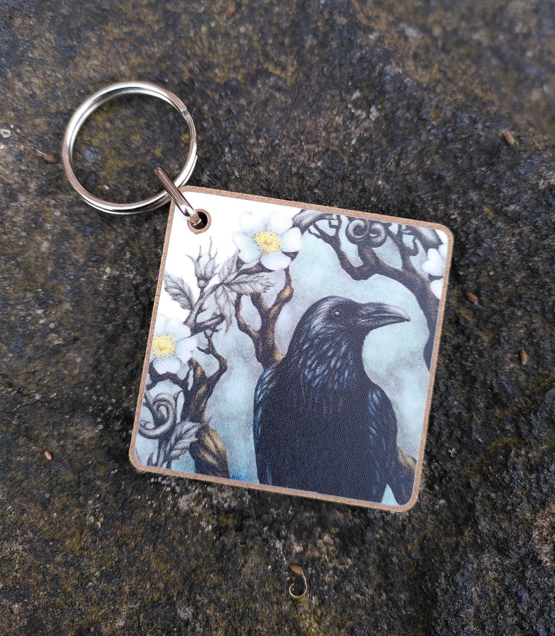 Raven Keyring or Bag Charm - Illustrated Wooden Keyfob With Corvid and ...