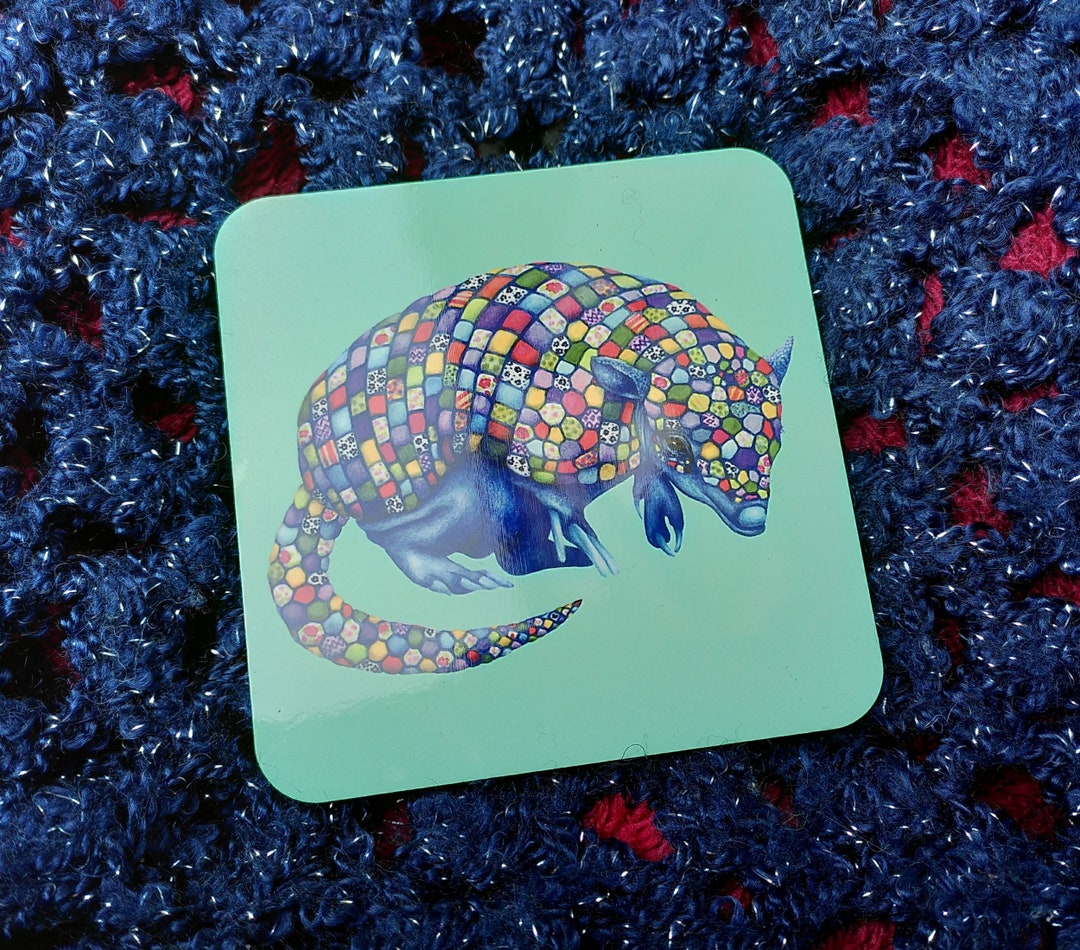 Rainbow Armadillo Whimsical Wildlife Art Coaster on Turquoise - Etsy