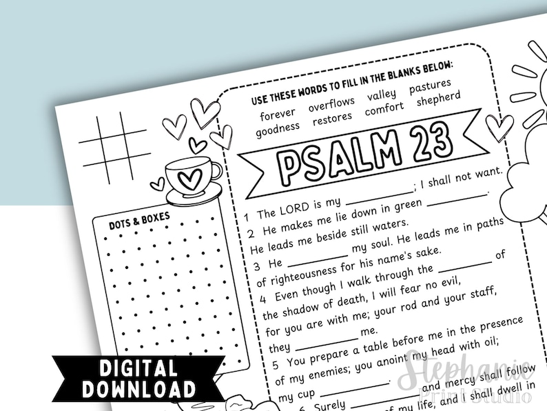 Psalm 23 Coloring Activity Page Printable | Bible Verse Placemat - Etsy