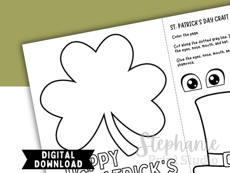 Color, Cut & Glue Craft Printable, Simple Leprechaun Shamrock, Cute St ...