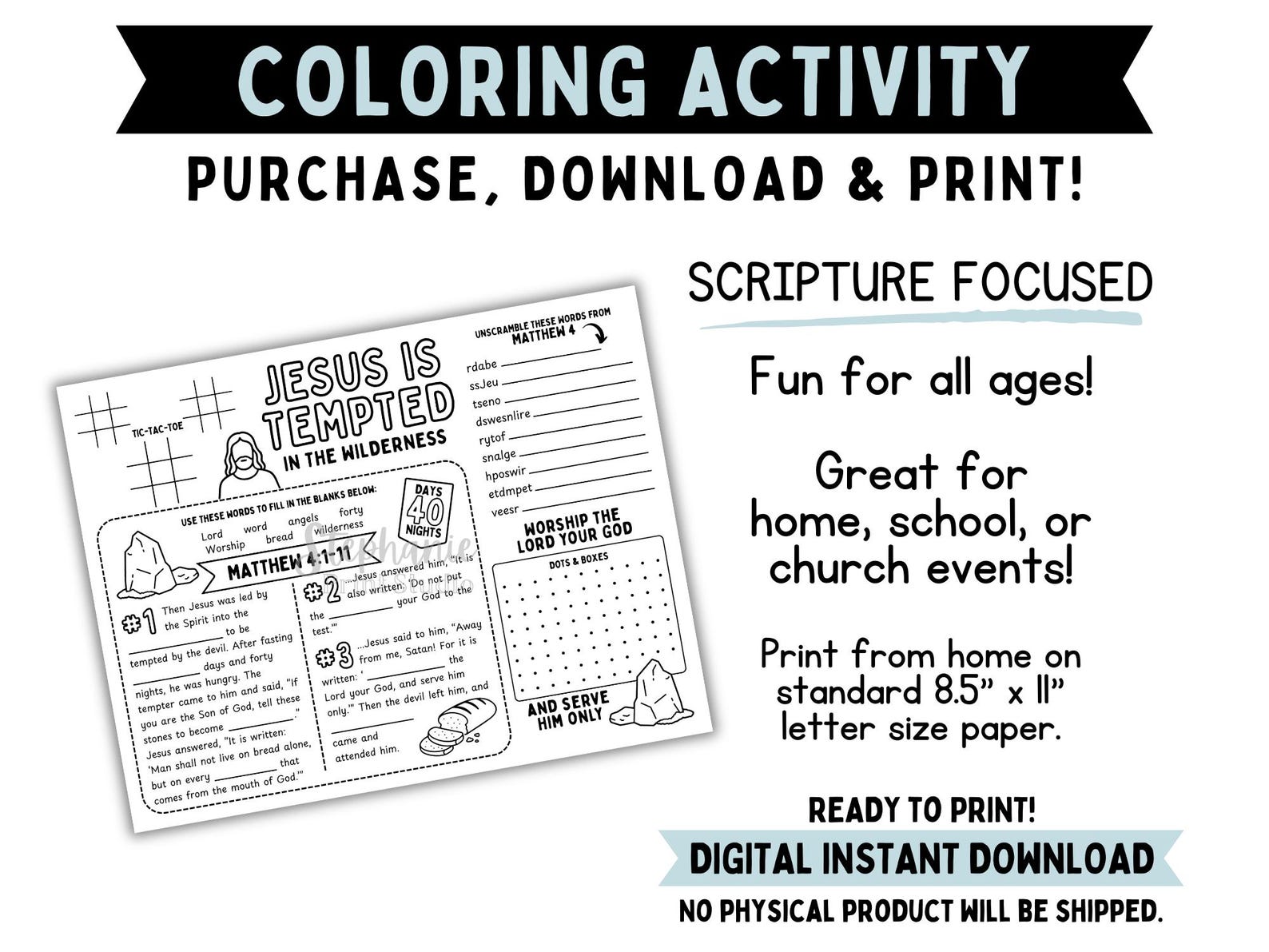 Jesus is Tempted Coloring Activity Page Printable for Kids | Matthew 4: ...