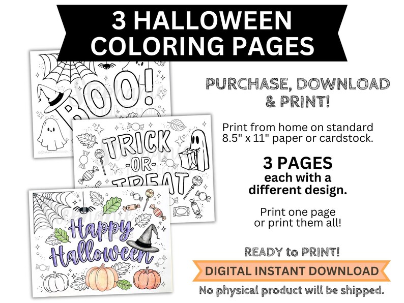 3 Halloween Theme Coloring Pages Printable | DIGITAL INSTANT DOWNLOAD ...