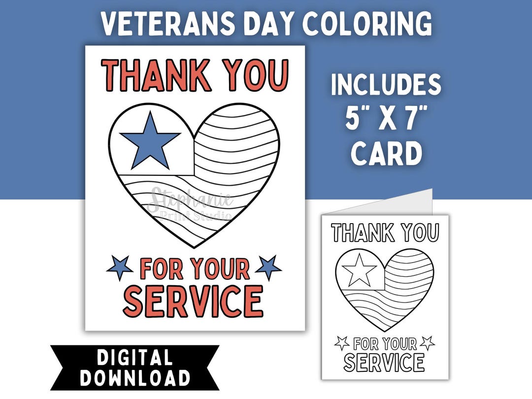 Veterans Day Card & Coloring Page Printable | DIGITAL INSTANT DOWNLOAD ...
