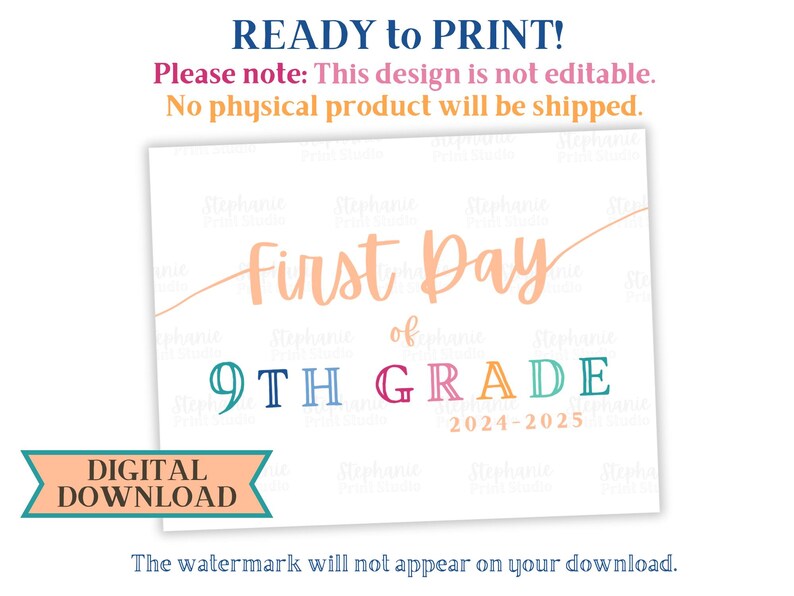 First Day of 9th Grade Printable Sign DIGITAL INSTANT DOWNLOAD, Ninth ...