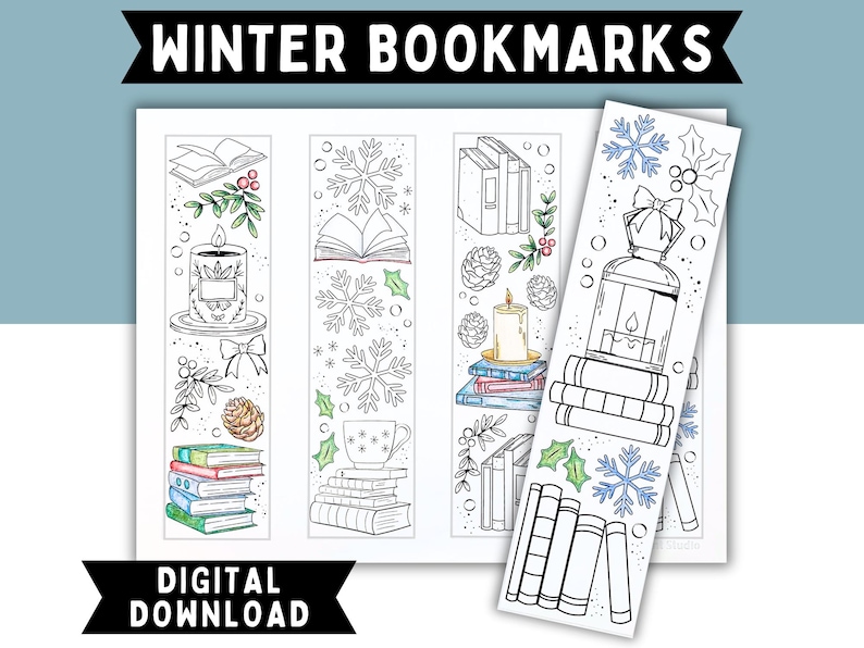 4 Winter Theme Coloring Bookmarks Printable | DIGITAL INSTANT DOWNLOAD ...
