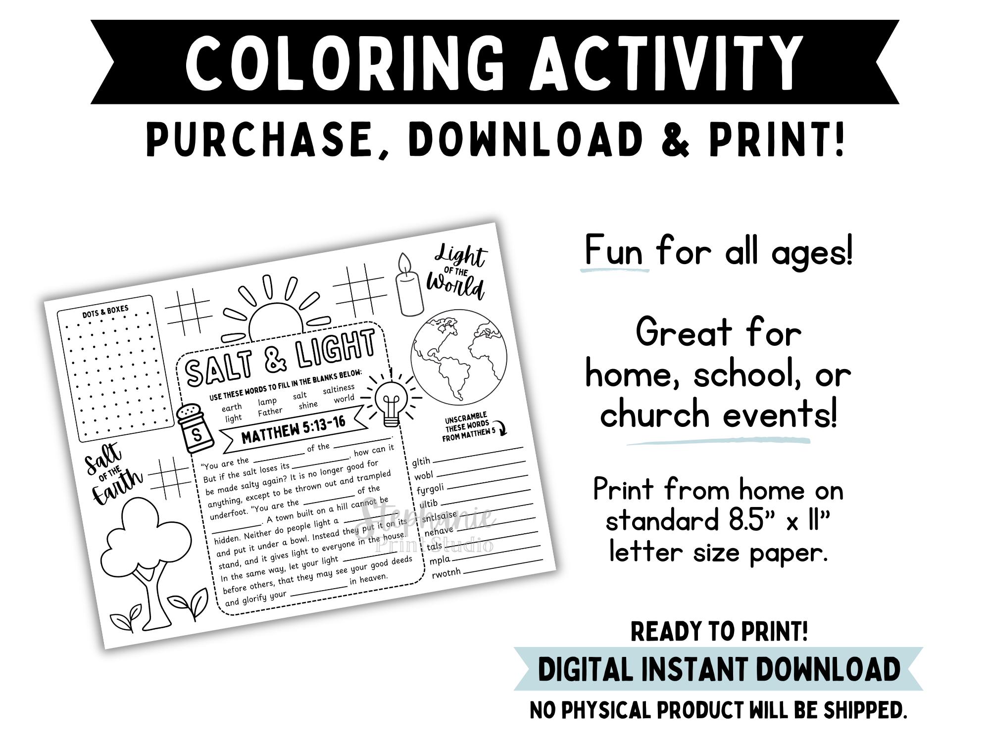 Salt & Light Coloring Activity Page Printable | Matthew 5:13-16 Bible ...