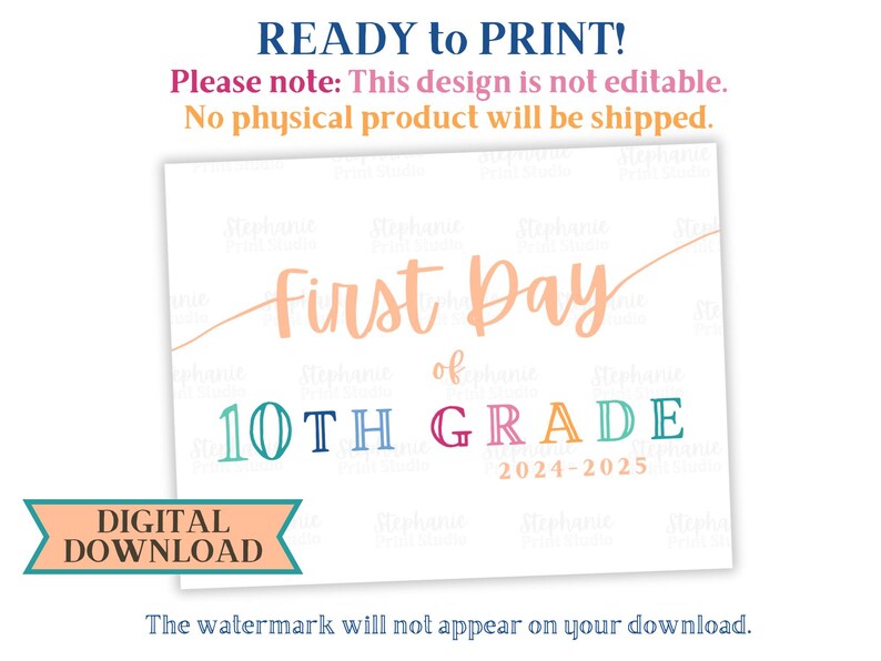 First Day of 10th Grade Printable Sign DIGITAL INSTANT DOWNLOAD, Tenth ...