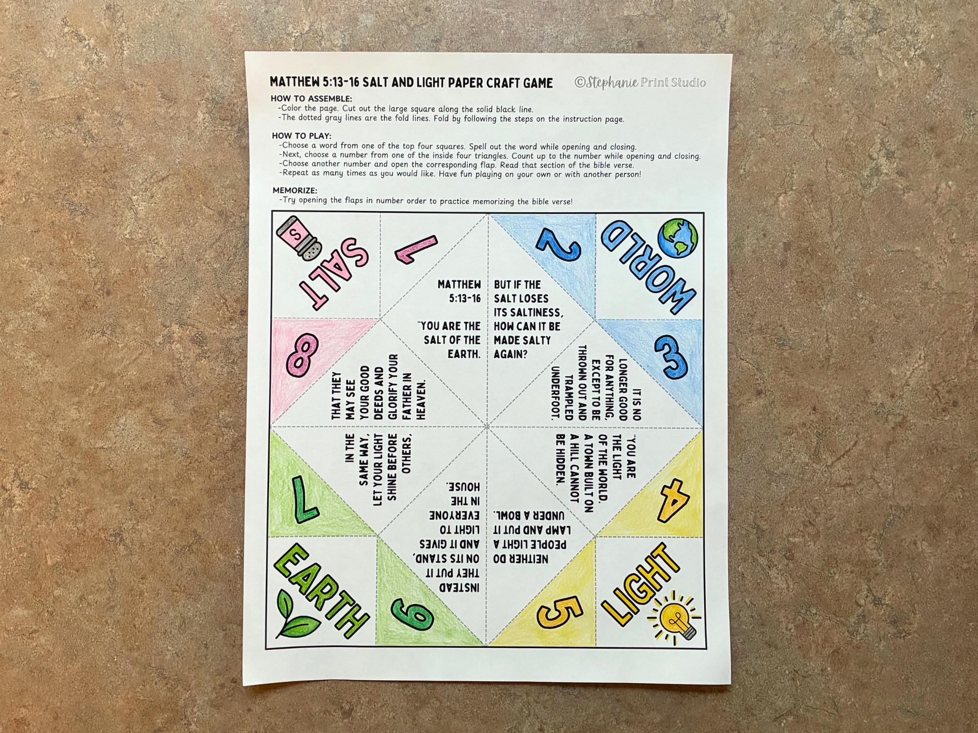 Salt & Light Color-your-own Cootie Catcher | Matthew 5:13-16 Bible ...