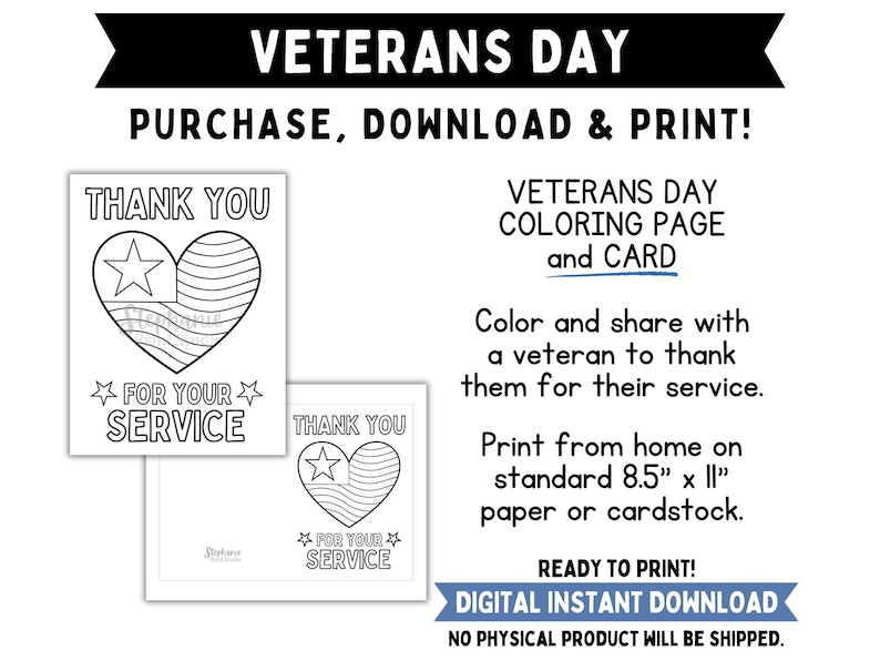Veterans Day Card & Coloring Page Printable | DIGITAL INSTANT DOWNLOAD ...