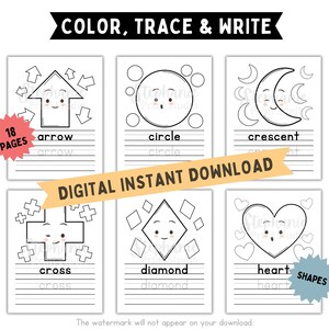Shapes: Color, Trace & Write Printable 18 Pages | DIGITAL INSTANT ...