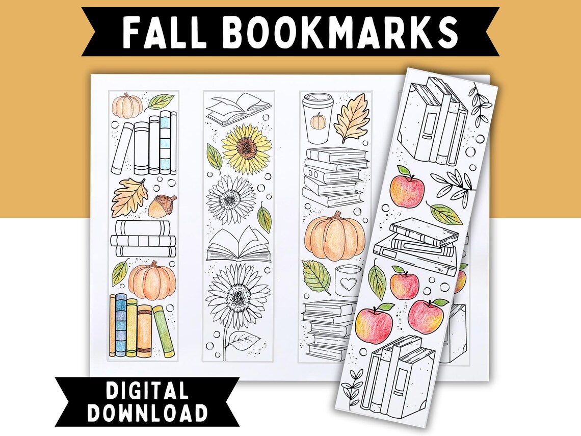 4 Fall Theme Coloring Bookmarks Printable | DIGITAL INSTANT DOWNLOAD ...