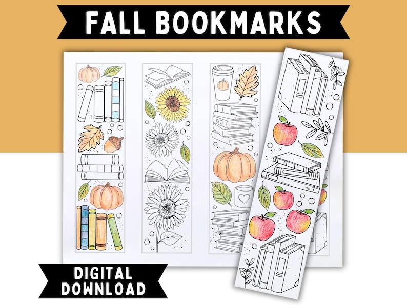 4 Fall Theme Coloring Bookmarks Printable | DIGITAL INSTANT DOWNLOAD ...