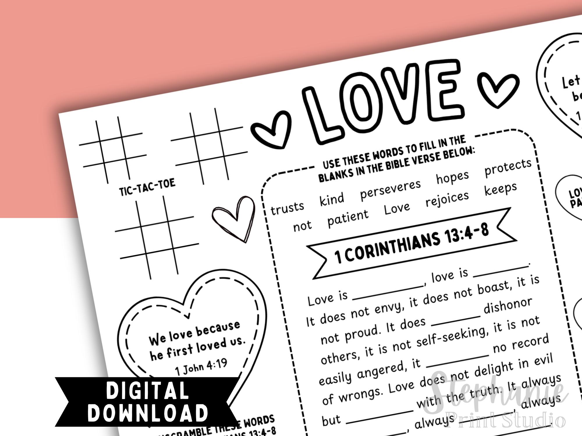 Love Coloring Activity Page Printable | 1 Corinthians 13:4-8 Bible ...