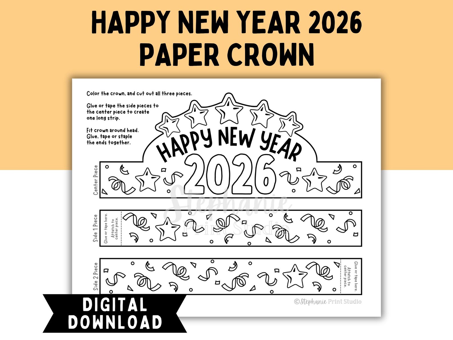 Paper Crown Printable | Happy New Year 2026 | Color-your-own New Year's ...