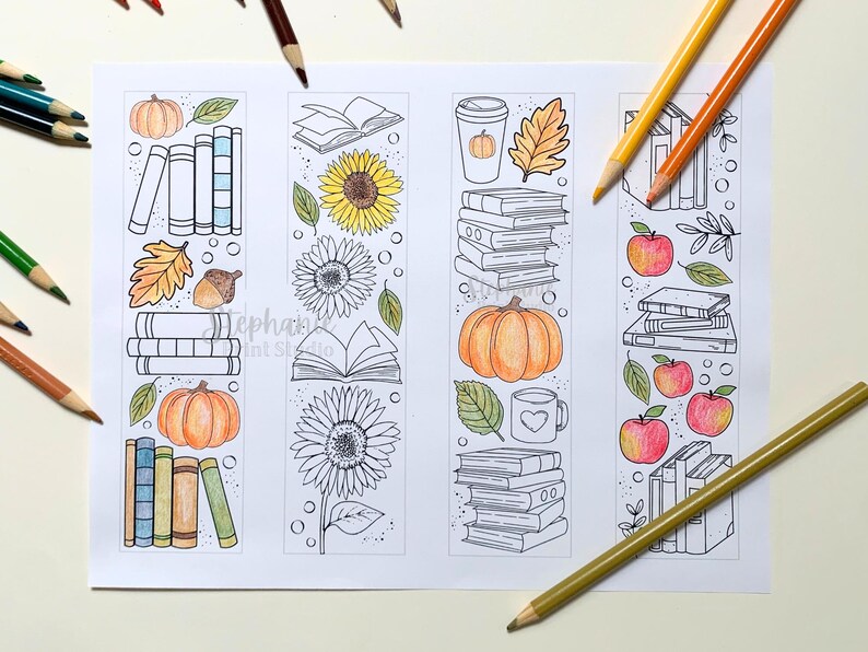 4 Fall Theme Coloring Bookmarks Printable | DIGITAL INSTANT DOWNLOAD ...