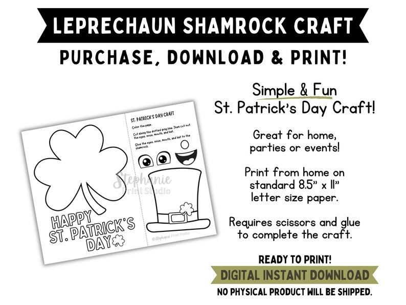 Color, Cut & Glue Craft Printable, Simple Leprechaun Shamrock, Cute St ...