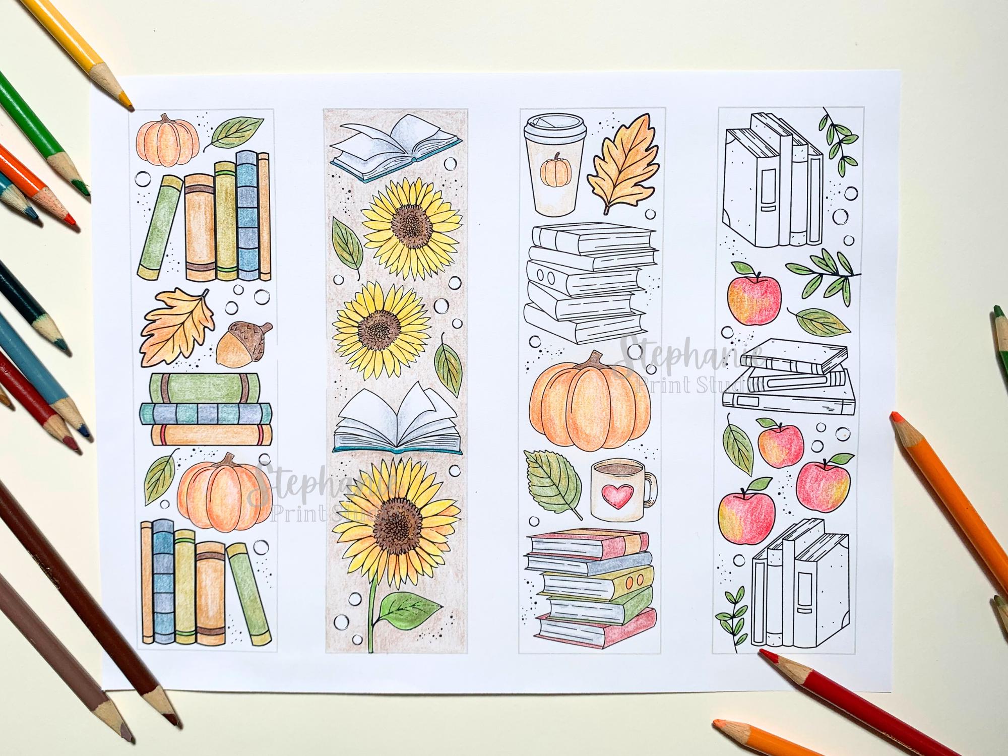4 Fall Theme Coloring Bookmarks Printable | DIGITAL INSTANT DOWNLOAD ...
