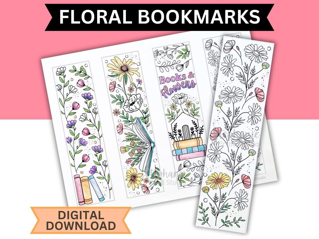 4 Floral Theme Coloring Bookmarks Printable | DIGITAL INSTANT DOWNLOAD ...
