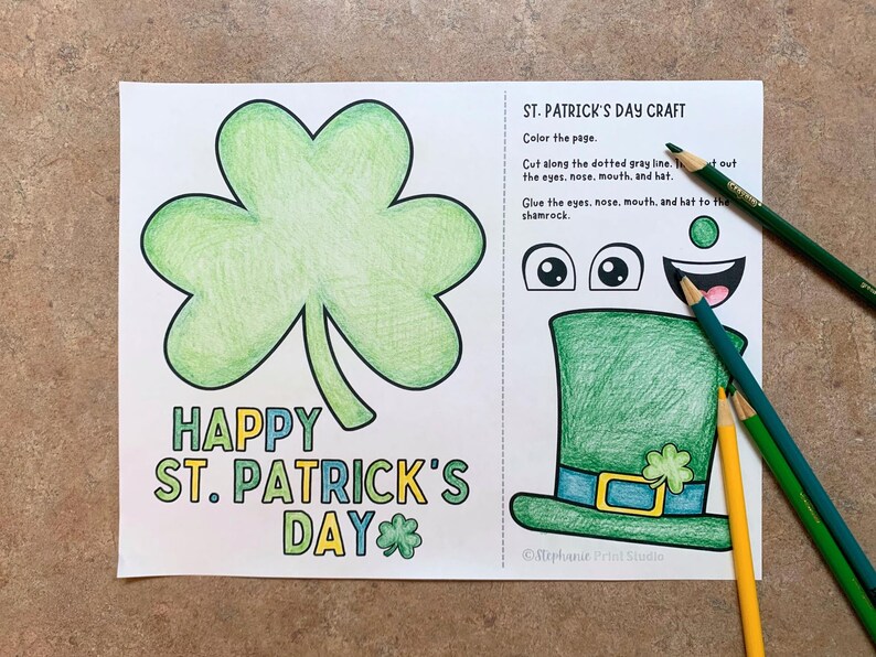 Color, Cut & Glue Craft Printable, Simple Leprechaun Shamrock, Cute St ...