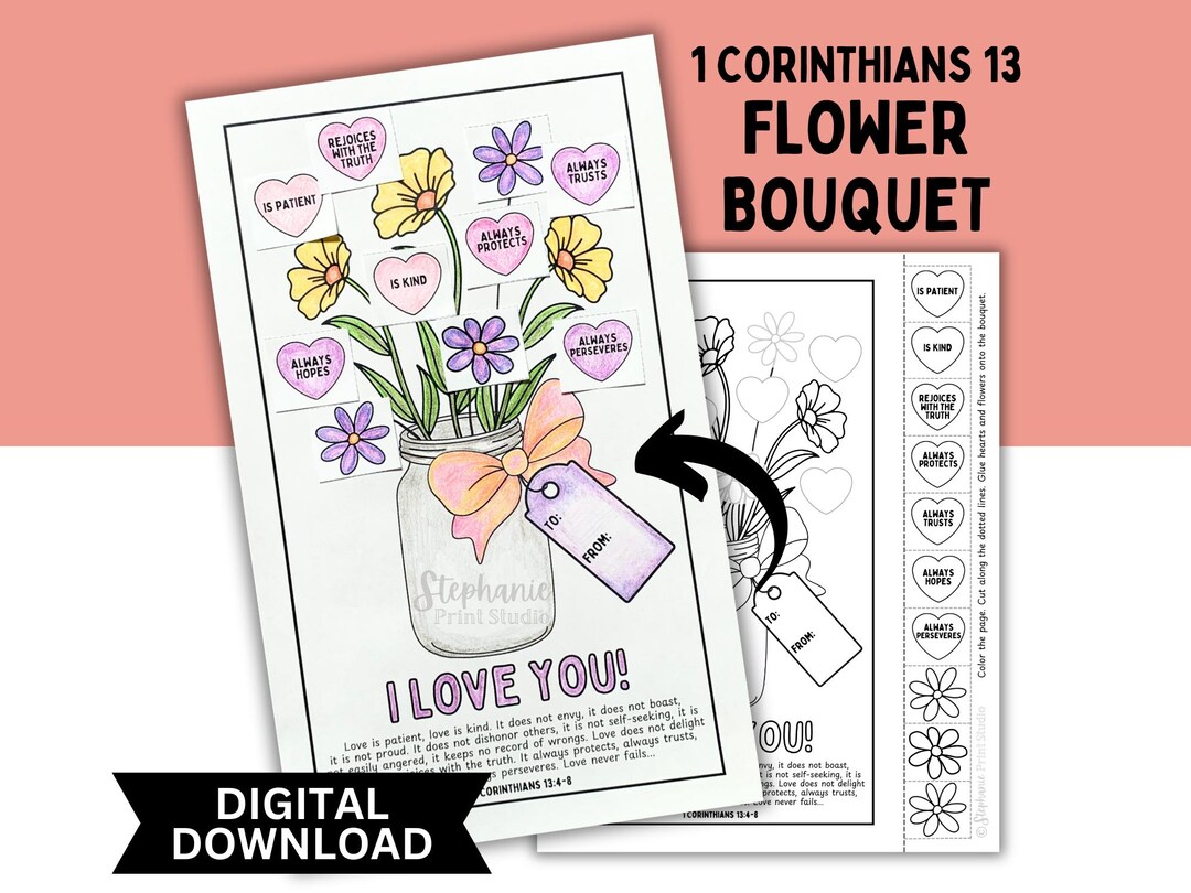 1 Corinthians 13 Flower Bouquet Craft Printable, Love Bible Verse, Cut ...