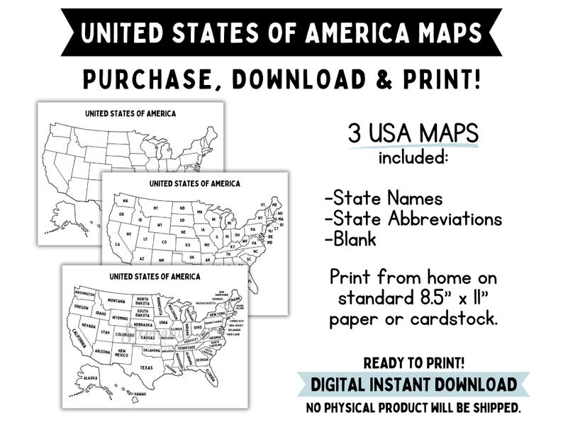 3 USA Maps Printable, United States of America Maps | Digital Instant ...
