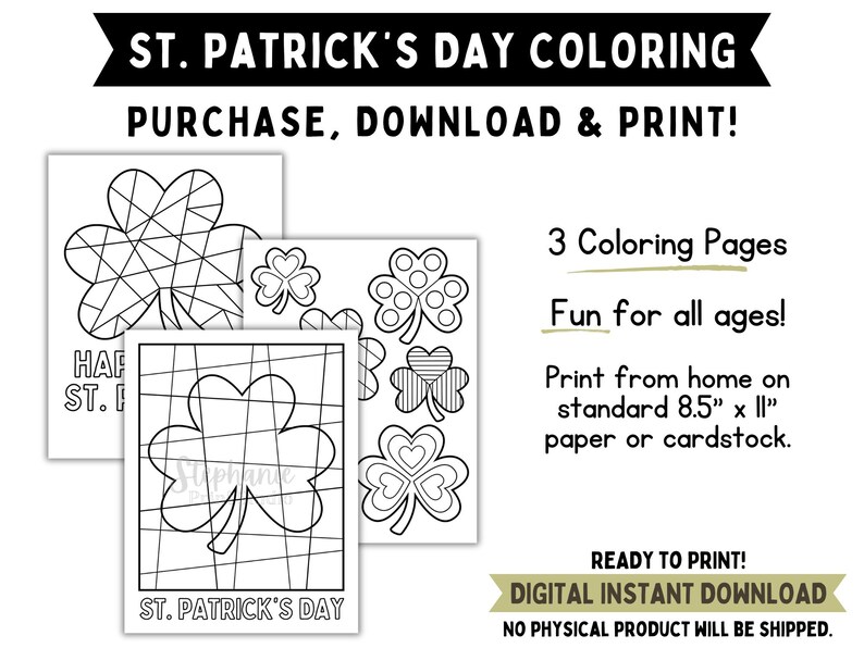 3 Coloring Pages St. Patrick's Day Printable | St. Patty's Day Shamrock ...
