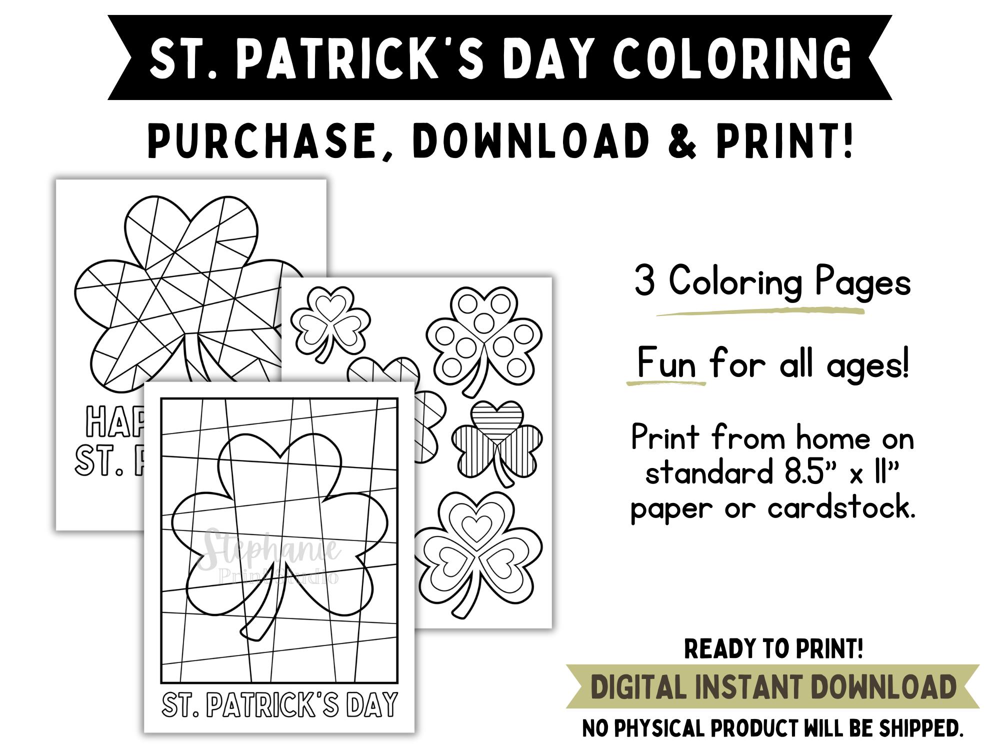 3 Coloring Pages St. Patrick's Day Printable | St. Patty's Day Shamrock ...