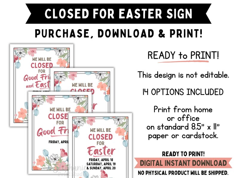 Closed for Easter and Good Friday Sign Printable, Holiday Closure Sign ...