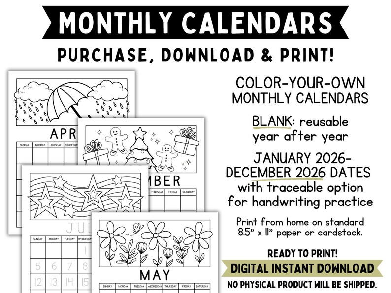 Monthly Calendar Printable Set | Includes: Blank Reusable Templates ...
