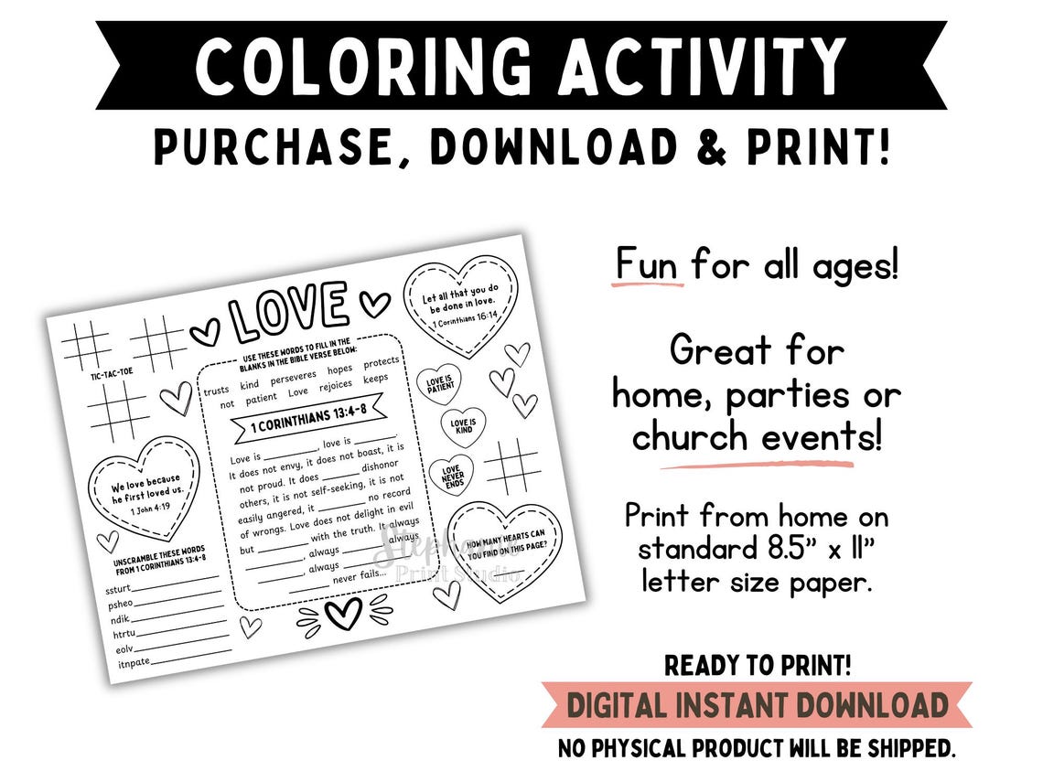 Love Coloring Activity Page Printable | 1 Corinthians 13:4-8 Bible ...