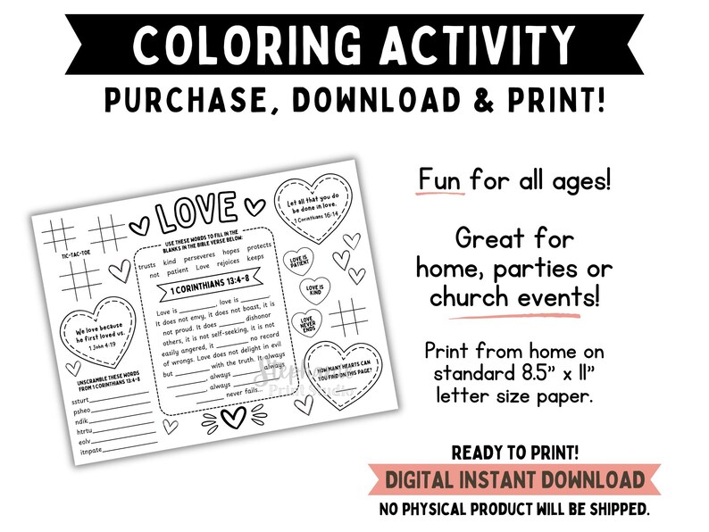 Love Coloring Activity Page Printable | DIGITAL INSTANT DOWNLOAD | 1 ...
