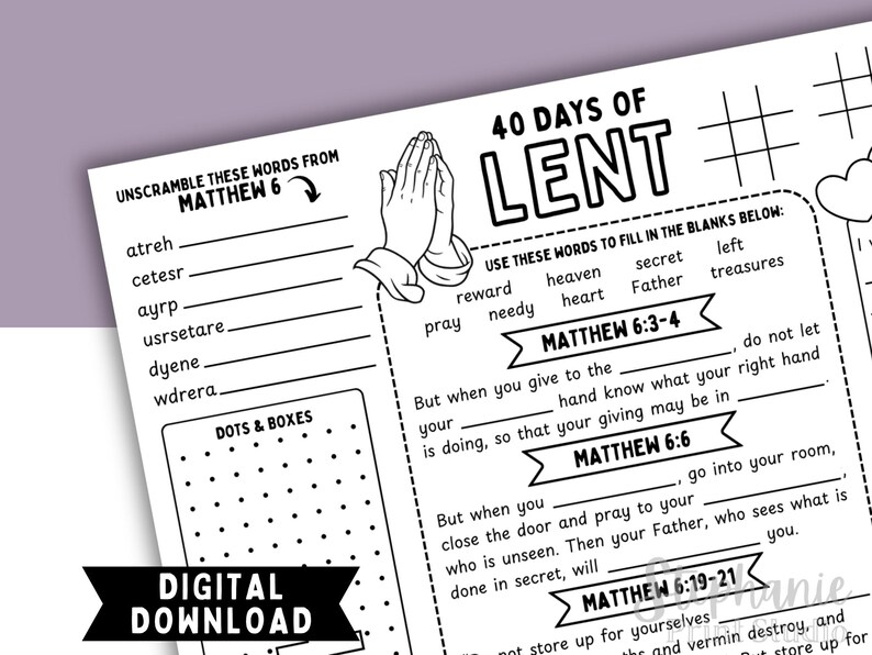 40 Days of Lent Coloring Activity Page Printable for Kids | Matthew 6 ...