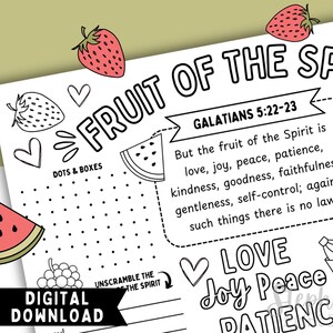 Fruit of the Spirit Coloring Activity Page Printable | Galatians 5:22 ...
