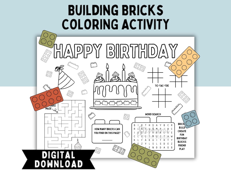 Building Bricks Birthday Coloring Placemat Printable | DIGITAL INSTANT ...
