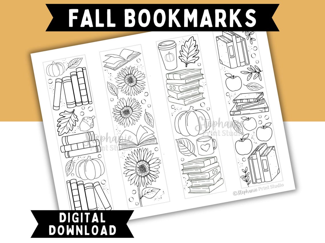 4 Fall Theme Coloring Bookmarks Printable | DIGITAL INSTANT DOWNLOAD ...